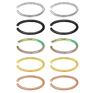 SkullParty Zifoan 5 pairs Nose Rings Hoop 20 Gauge Non Piercing Stainless Steel Clip-on Fake Nose Ring Body Jewelry (10PCS Inner Diameter: 5/16 (8mm))