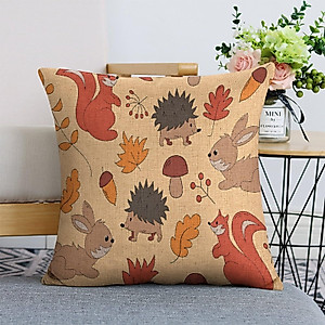 Cute Autumn Animal Throw Pillow Covers 18×18 Pillowcases Set of 2 Thanksgiving Day Linen Decorative Square Pillow Case Cushion Covers Standard Size for Sofa Couch Outdoor Bed Pillow Protectors