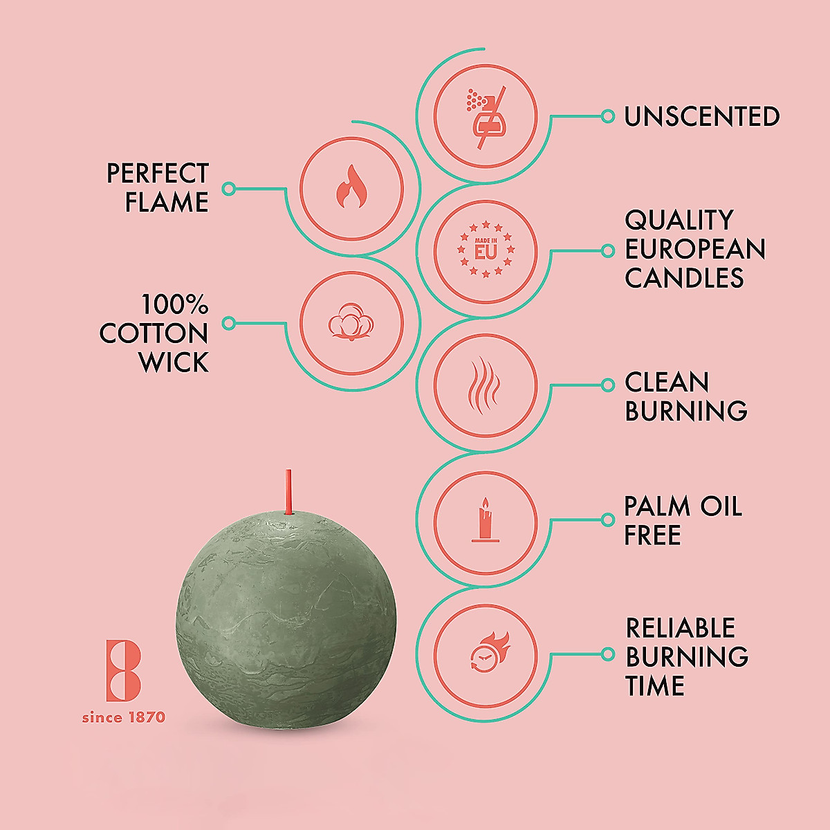 BOLSIUS 3 Pack Fresh Olive Rustic Ball Pillar Candles - 3 Inch - Premium European Quality - Includes Natural Plant-Based Wax - Unscented Dripless Smokeless 25 Hour Party Décor and Wedding Candles