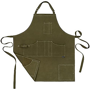 opux Chef Apron for Men, Kitchen Apron with Pockets for Women, Large Unisex Canvas Apron for Cooking Grilling BBQ Baking, Heavy Duty Apron for Work, Olive Green