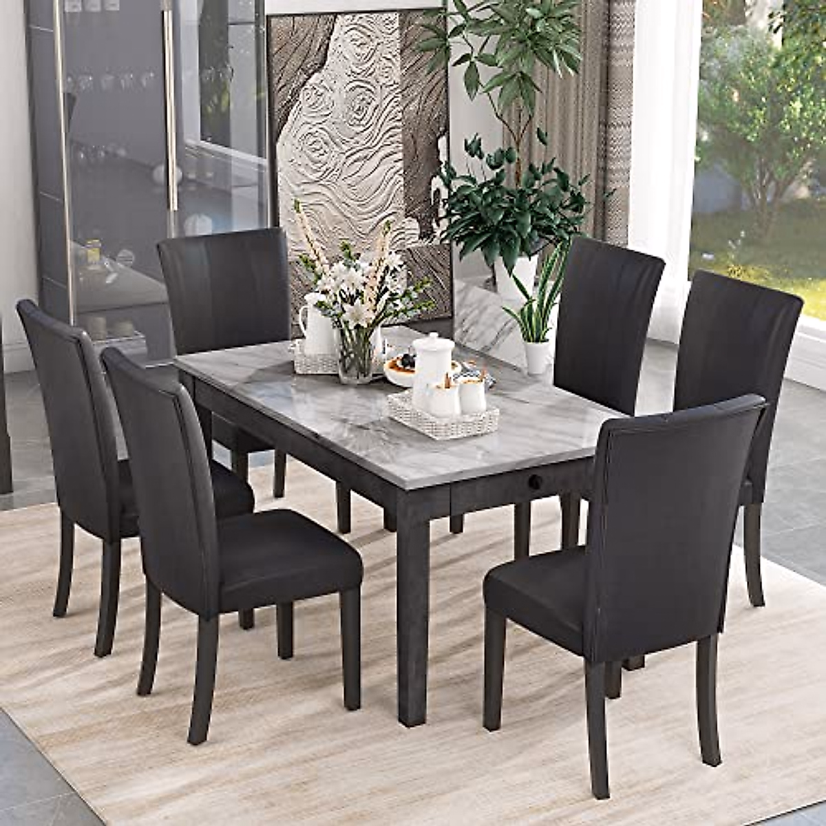 Lestar 59.7" Dining Table Set for 6, 7-Piece Faux Marble Dining Table Set with 6 PU Wood Frame Chairs for Kitchen, Bar, Living Room, Breakfast Nook, Small Space Piece with 2 Drawers, Black