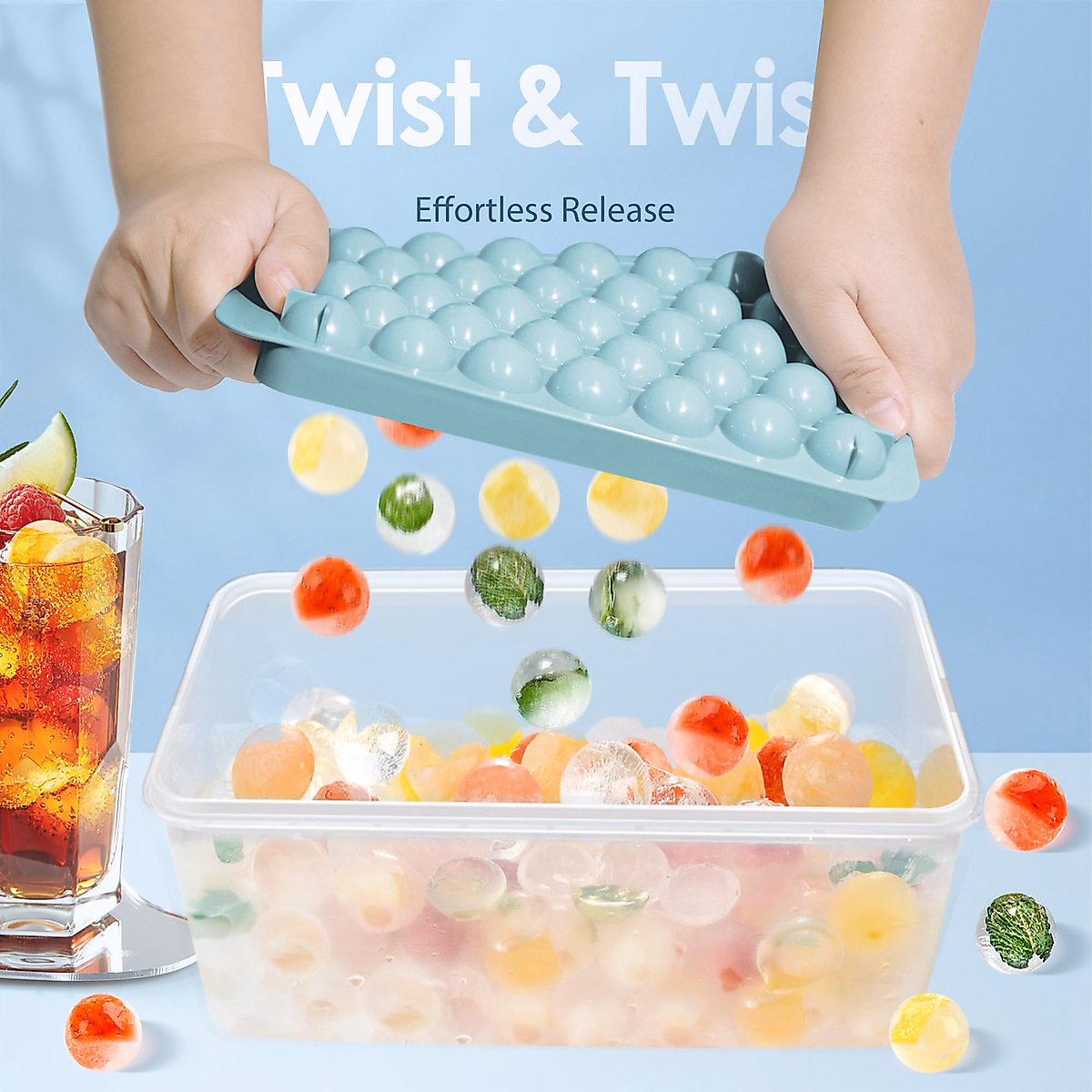 Round Ice Cube Tray with Lid & Bin Ice Ball Maker Mold for Freezer with Container Mini Circle Ice Cube Tray Making 66PCS Sphere Ice Chilling Cocktail Whiskey Tea Coffee 2 Trays 1 ice Bucket & Scoop