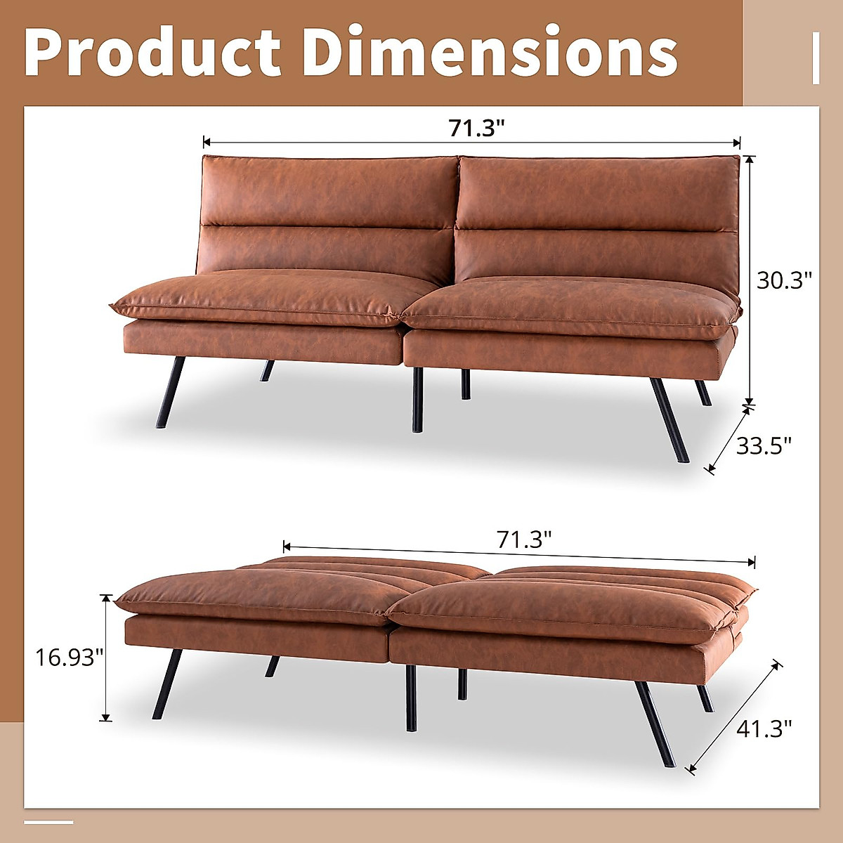 IULULU Futon Sofa Bed Modern Convertible Armless Sleeper Couch Daybed for Studio, Apartment, Office, Small Space, Compact Living Room, Chestnut