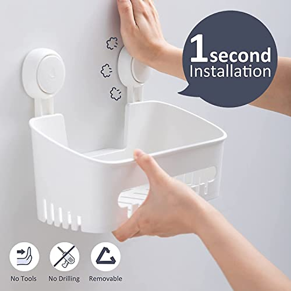 Bathroom & Kitchen Organizer, Shower Caddy, Shelf Storage, No-Drilling Easy Installation, Wall Mounted Suction Cup, Heavy Duty Strength, Removable, White (AW639)