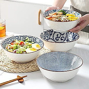 YALONG 8 Inch 40 Ounce Ceramic Bowls for Kitchen Deep Soup Pho Bowls, Blue White Large Porcelain Salad Bowls Set for Ramen Pasta Cereal Dessert Stackable Deep Noodle Serving Bowls Set of 4 for Gift