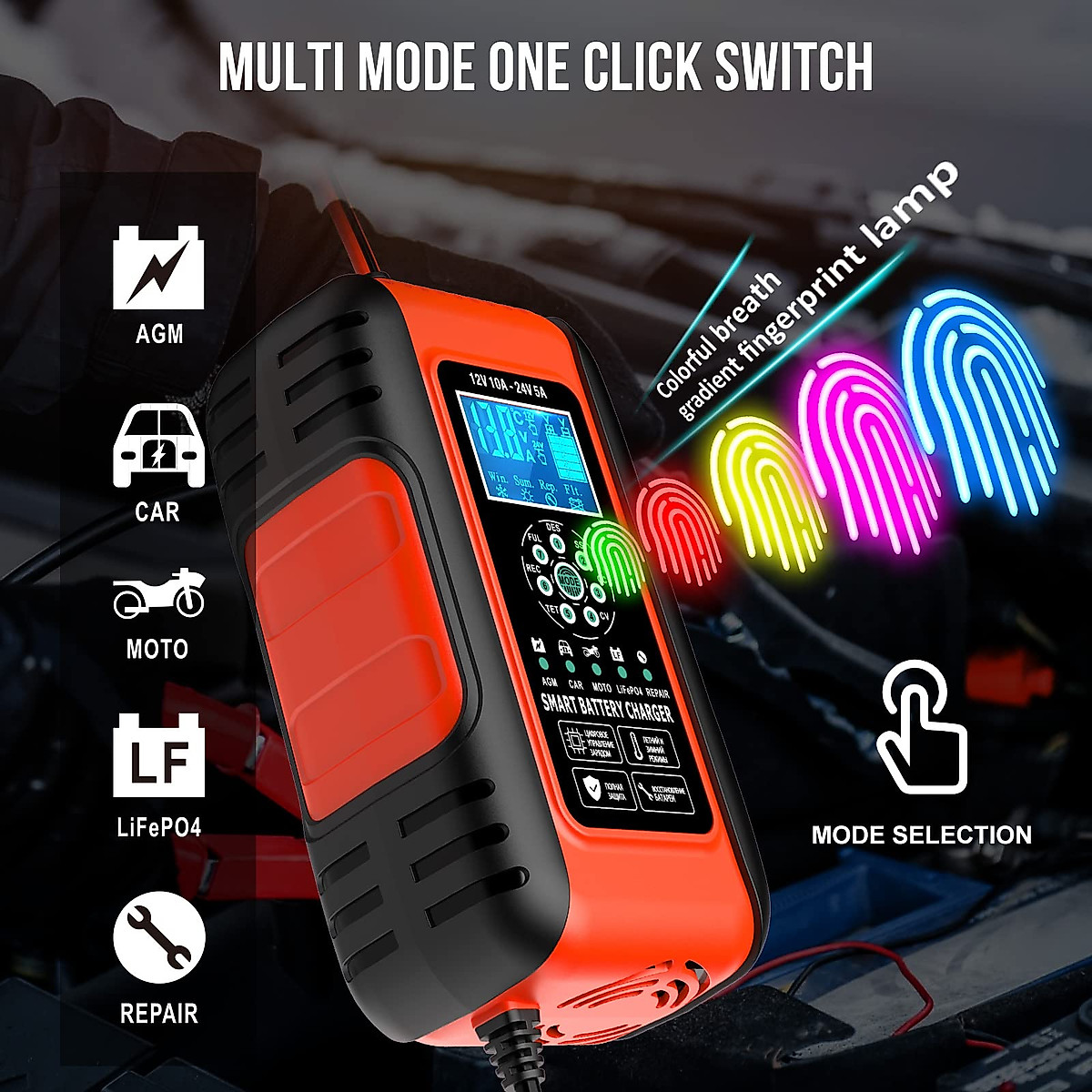 10A 12V/24V Trickle Charger, Smart Automatic Battery Automotive 7-Stage Charging Battery Maintainer with Pulse Repair Function, for Car Truck Motorcycle Lawn Mower Boat