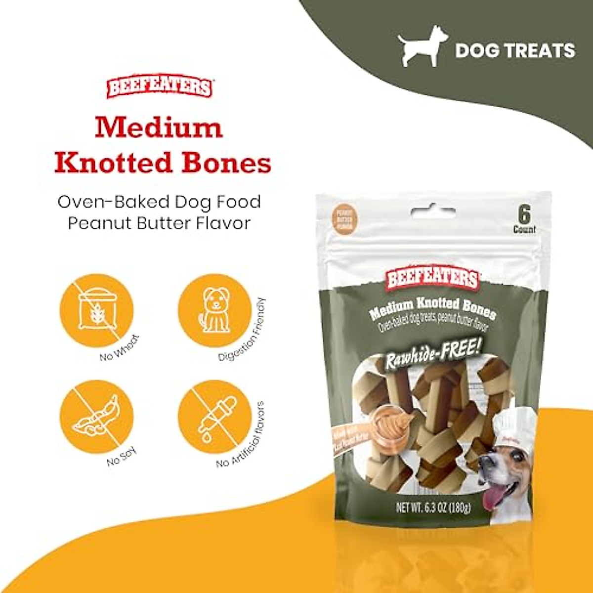 Beefeaters Dog Treats - Medium Knotted Bone Peanut Butter Flavor 6ct | Rawhide Free Dog Food | Real Chicken No Artificial Flavor | Digestion-Friendly, Cleans Teeth | Training Treat for All Dog Sizes