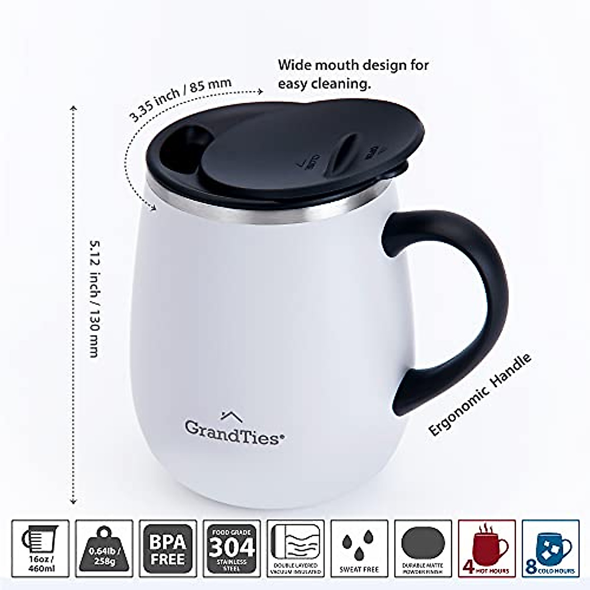 GRANDTIES Insulated Coffee Mug with Handle - Sliding Lid for Splash-Proof 16 oz Wine Glass Shape Thermos Tumbler with Double Walled Vacuum Stainless Steel to Keeps Beverages Hot or Cold - Pearl