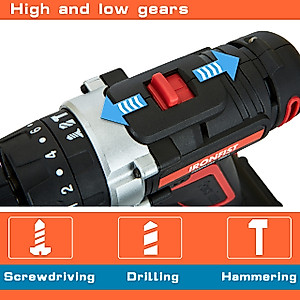 IRONFIST Cordless Drill, Screwdriver Impact Power Tools 21V Lithium Battery 3/8inch Keyless Chuck Led Light 2 Speed Driver