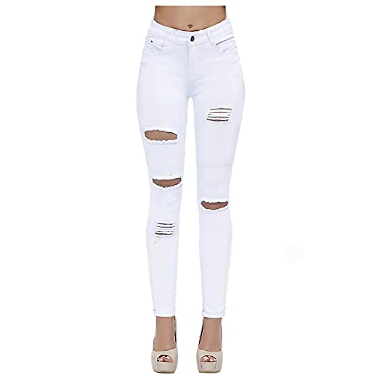 Women's High Waisted Butt Lift Stretch Ripped Skinny Jeans Distressed Denim Pants US 10 White 15