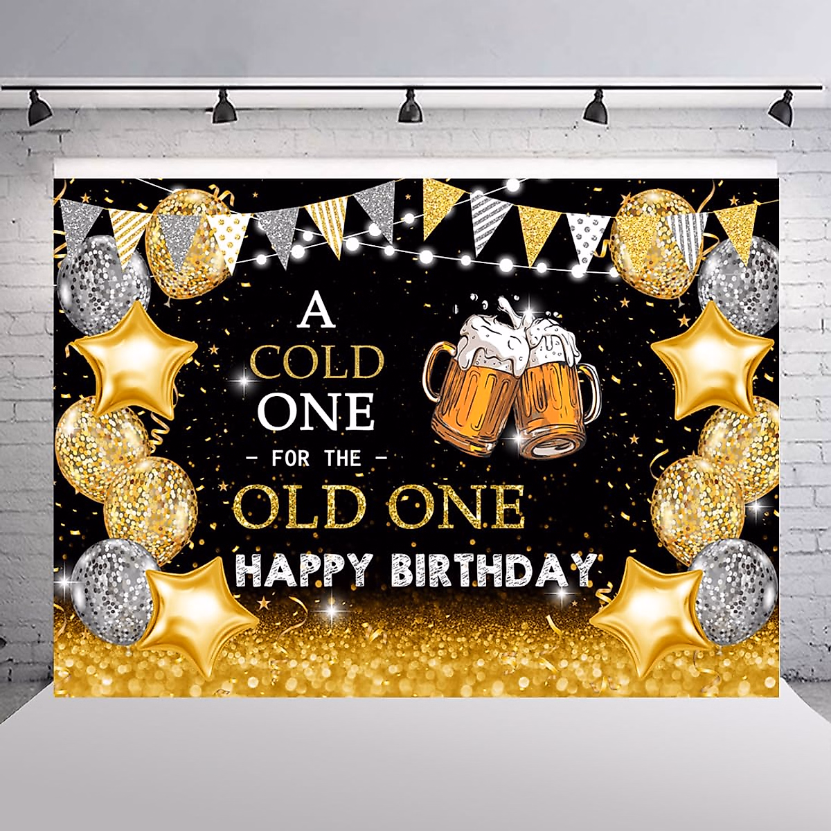 Wollmix Birthday Party Decorations for Men Happy Birthday Banner Backdrop Cheers and Beers A Cold One for The Old One Black and Gold Photography Background Supplies Photo Studio Booth Props 7x5ft