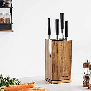 Navaris Rotating Wood Knife Block - Magnetic Universal Holder without Knives - Kitchen Storage with Plastic Bristles and Magnetic Sides - Acacia