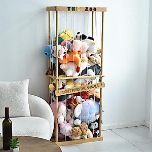 FUIN Stuffed Animal Zoo Storage Cage, Large Wooden Stuffed Animal Jail Organizer, Creative Toy Zoo Storage for Plushies and Squishmallow, Durable Corner Stuffed Animal Tower Holder Display, Natural