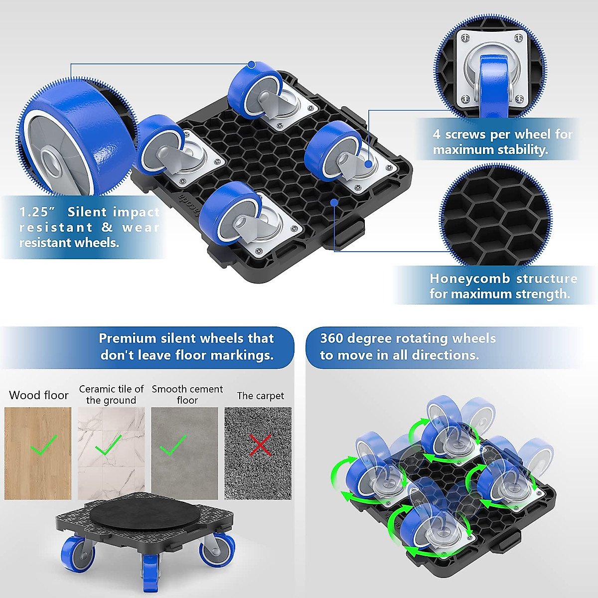 Macoda Furniture Movers with Wheels, Furniture Lift Mover Tool Set of 4 with 360° Rotation and 880lbs Capacity for Moving Heavy Furniture, Refrigerator, Sofa, Cabinet, Piano.