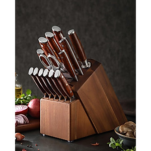 XINZUO Damascus 15-pc Kitchen Knife Set with Acacia Wood Knife Block, 67 Layers Damascus Steel Sharp Professional Cooking Knife Set -Multifunctional Kitchen Shears and Honing Steel -Rosewood Handle