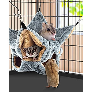 TINDTOP Small Animals Hammock, Ferret Sugar Glider Triple Bunk Bed Cage Warm Plush Hanging Hammock Bed Hideout for Hamster Guinea Pig Rat Ferret Chinchilla (Grey)