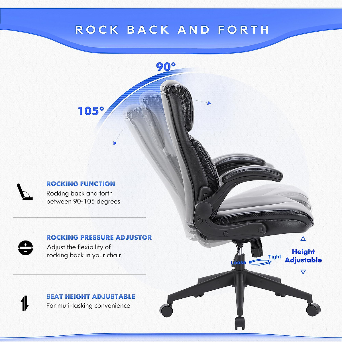 COLAMY Office Desk Chair-Executive Computer Chair, Ergonomic Leather Office Chair with Padded Flip-up Armrests, Adjustable Height Swivel Rolling Work Study Chair for Home Office Conference Room-Black