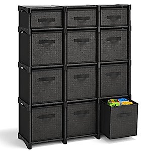 12 Cube Storage Organizer - Black Cube Organizer Shelf, DIY Storage Cubes Organizer Shelves with Fabric Storage Cubes, Sturdy Cubbies Storage Shelves, Cube Storage Shelf for Bedroom, Playroom and More