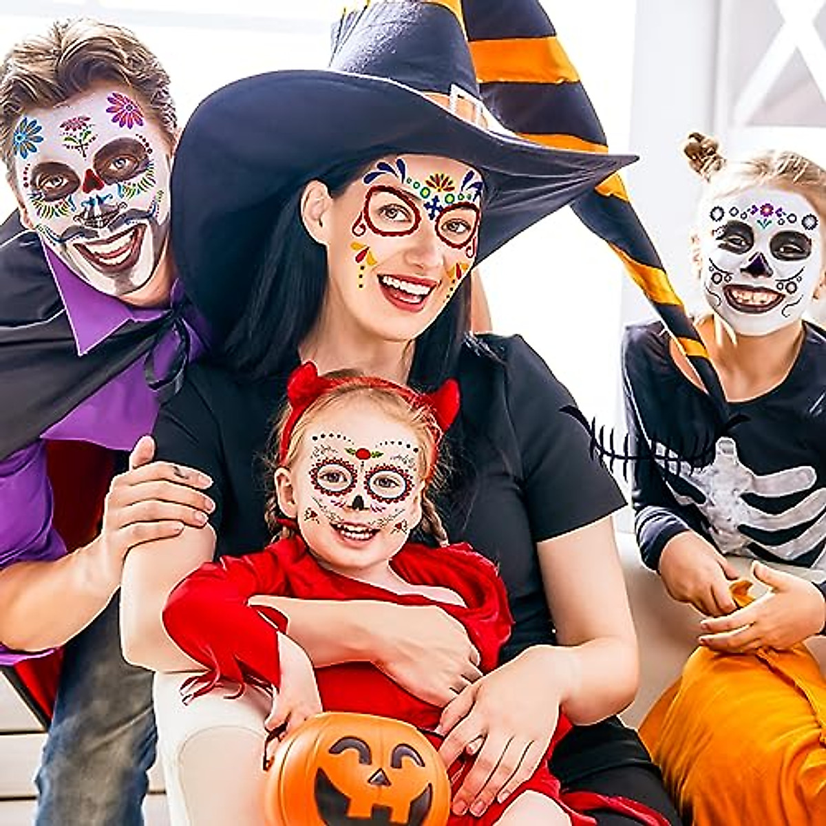 Amaxiu Day of the Dead Face Temporary Tattoos, 10 Sheets Halloween Floral Sugar Skull Temporary Face Tattoos Stickers Makeup Kit on Cheek Eye Forehead Nose Mouth for Halloween Masquerade Party