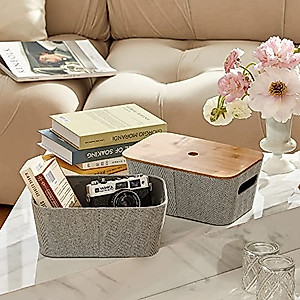 LA JOLIE MUSE Modern Basket with Bamboo Lids, Mid-Century Stackable Storage Basket Bins for Shelves Office Home Organizing, Decorative Tweed Fabric Organizer Container Set of 2, Light Grey
