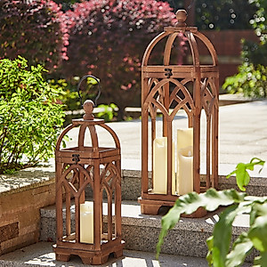 Glitzhome Farmhouse Decorative Lanterns Wooden Candle Lantern Church Window Frame Lanterns for Wedding Mantle Entryway Home Patio Balcony Garden, Pack of 2, Natural, No Glass