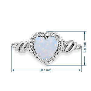 Jewelili Sterling Silver 7 MM Heart Cut Created Opal and Round Created White Sapphire Heart Promise Ring, Size 8