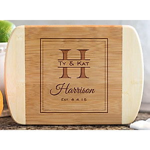 Personalized Wedding Gift for Couples - Engraved Bamboo Cutting Board - Engagement Gifts or Bride to Be Gifts - Mr & Mrs Gift (6x8 Two Tone Rounded, Harrison Design)