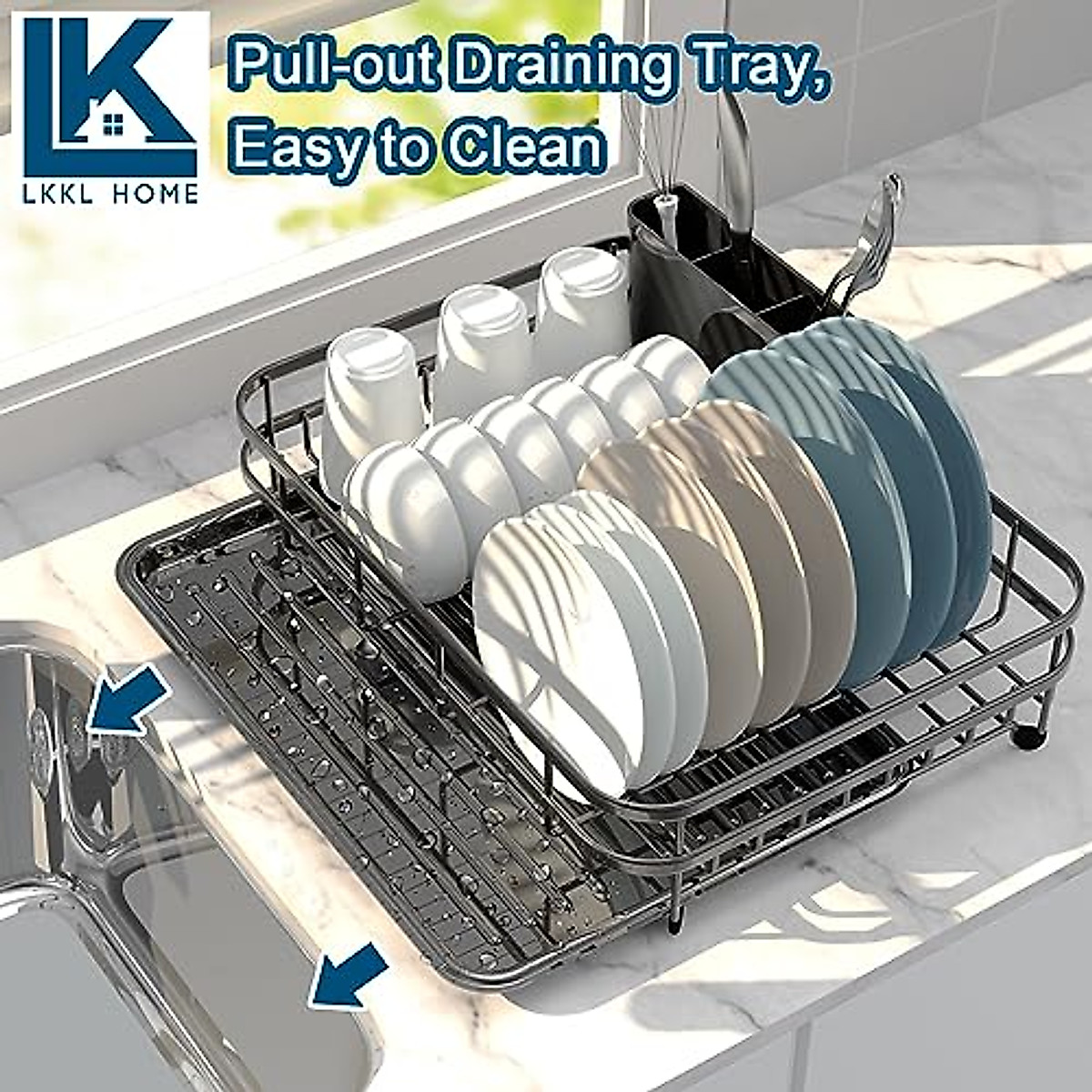 LKKL Dish Drying Rack, Large Capacity Dish Rack for Kitchen Counter, Extendable Dish Rack, Anti-Rust Stainless Steel Dish Drainer with Utensil Holder Cups Holder, Black