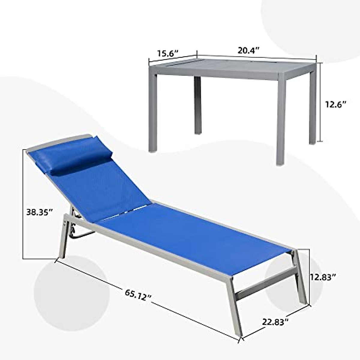 Domi Patio 3 Pieces Aluminum Textilene Chaise Lounge Set with Side Table Outdoor, Adjustable Back and Pillow for Yard Garden Sunbathing for All Seasons Blue(2022 New)