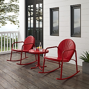 Crosley Furniture Griffith 3-Piece Outdoor Rocking Chair and Side Table Set, Retro Metal Bistro Patio Sets, Bright Red Gloss