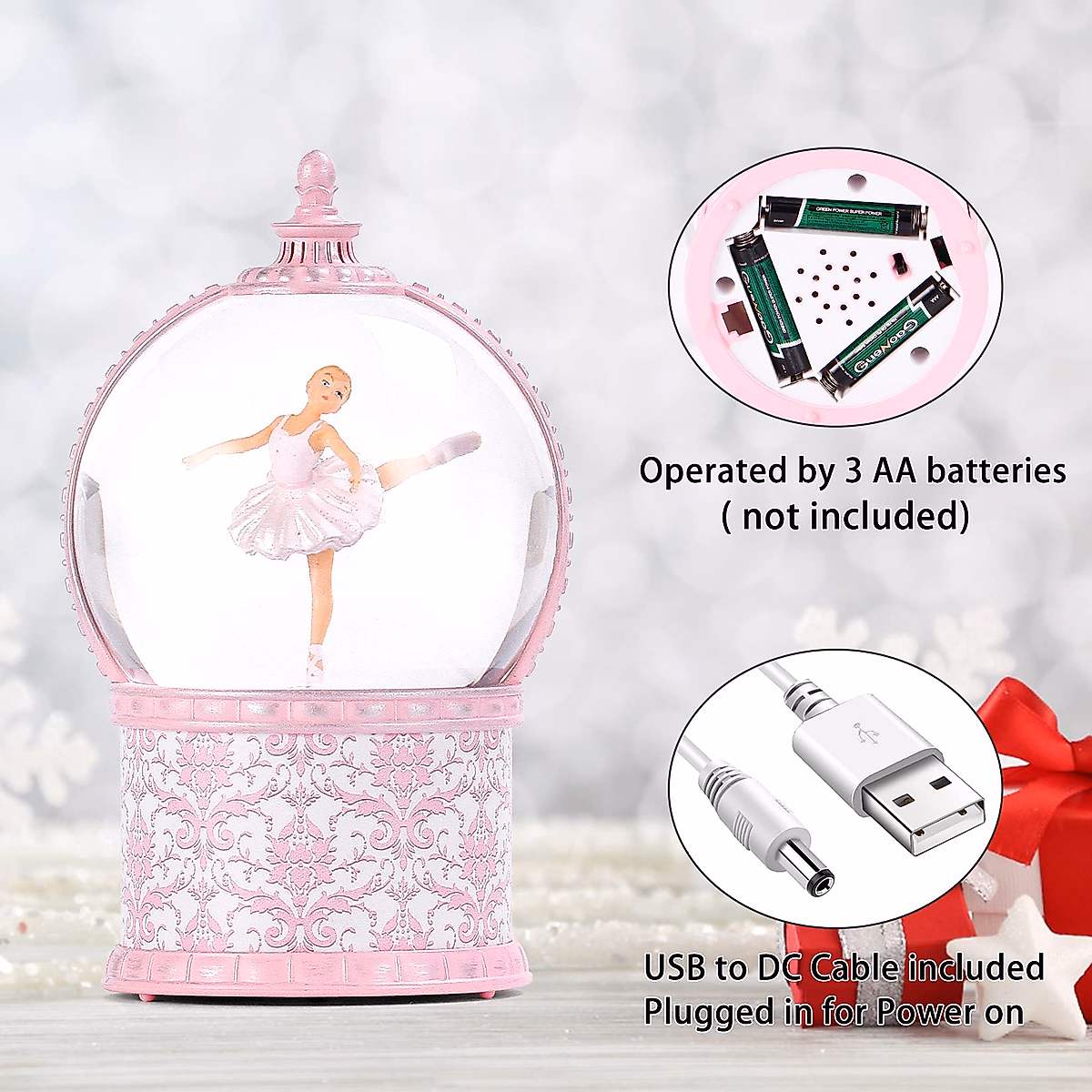Musical Ballerina Christmas Snow Globes, 7.1 Inch Lighted Snow Globe with Swirling Glitter, Battery Operated & USB Powered Music Box Valentines Day Gifts for Girls, Women