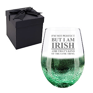 Mothers Day Gifts for Irish, I AM NOT PERFECT But I AM IRISH Green Engraved Stemless Green Wine Glasses Funny Gifts for Men Women