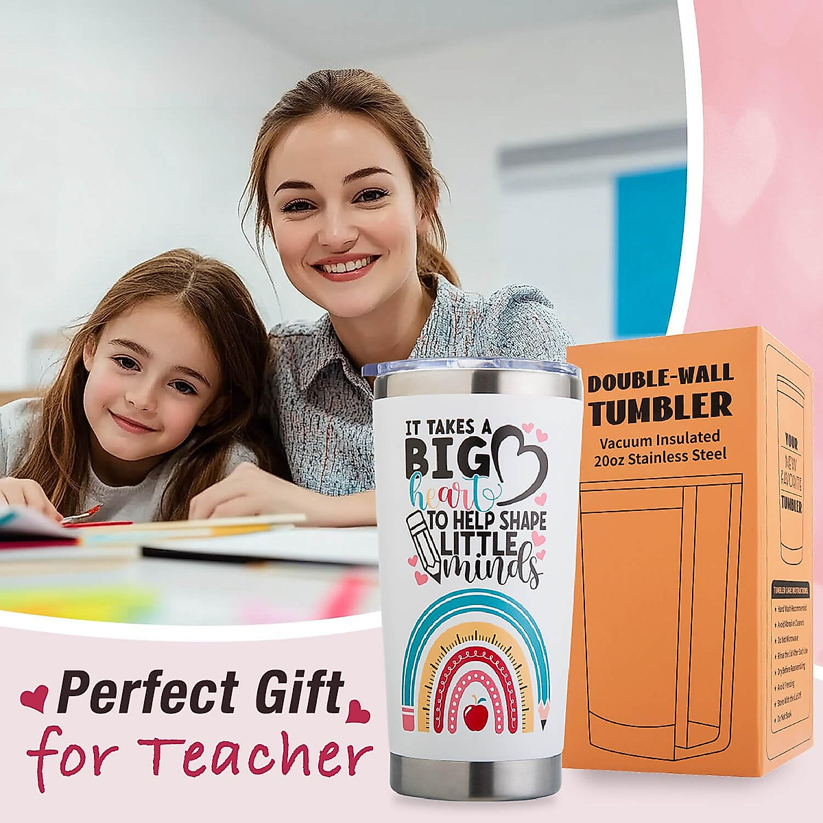 Teacher Tumbler-It Takes A Big Heart to Shape Little Minds, Teacher Coffee Mug, Teacher Appreciation Drinking Cup, Presents for Teachers Christmas Gifts Ideas, Best Teacher Ever, Toddler Teacher Gift