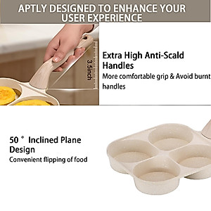 JUSTUP 4-Cup Egg Pan Nonstick,Granite Egg Frying Pan with Heat-Resistant & Cook-Safe Handle,Versatile Breakfast Skillet for Breakfast,Omelet Pan Suitable For Gas Stove & Induction Cooker (White)