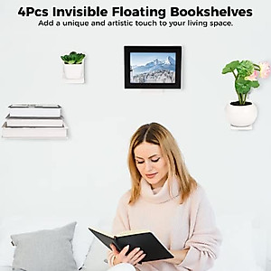 TIMCORR 4Pcs Invisible Floating Bookshelves: Wall-Mounted Floating Book Organizers, Heavy-Duty Metal Book Storage Holders, Multi-Purpose Wall Ledge Shelves for Bedroom, Living Room, Office