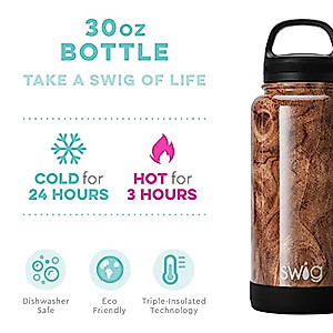 Swig Life 30oz Triple Insulated Stainless Steel Wide Mouth Water Bottle with Handle, Dishwasher Safe, Double Wall, Vacuum Sealed, Reusable Thermos in Black Walnut Print