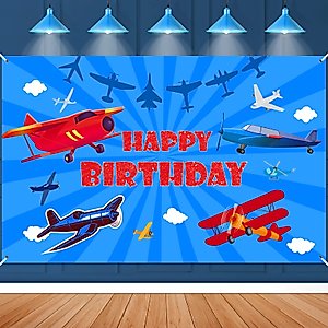 Airplane Birthday Decoration Banner, Airplane Happy Birthday Backdrop Time Flies Sky Themed Aircraft Birthday Photography Background Photo Booth for Kids Boy Girl Airplane Birthday Party Supplies