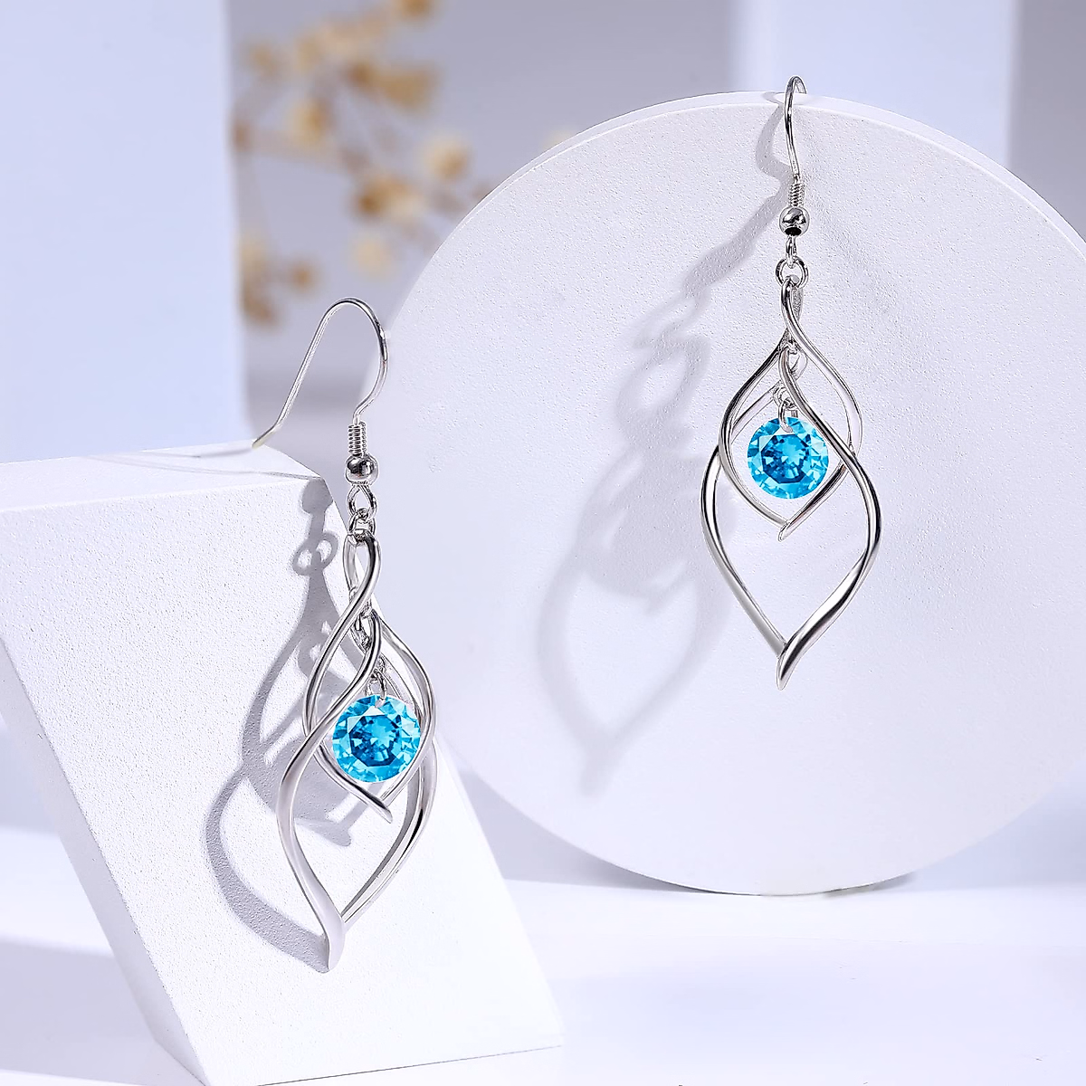 March Birthstone Dangle Drop Earrings - 925 Sterling Silver Aquamarine Double Twist Leaf Linear Swirl Earrings Infinity Blue CZ Birthstone Fishhook Earring, Classic Birthday Jewelry for Women