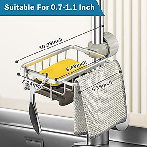 CAGSIG Kitchen Sink Faucet Organizer, Faucet Storage Rack with Drain Tray & Towel Rack, Multi-Function Sponge Holder Faucet Storage Rack for 0.7-1.1 Inch Round Water Pipes Silver-Left