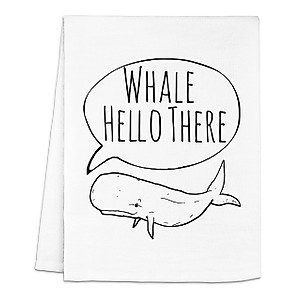 Funny Dish Towel, Whale Hello There, Flour Sack Kitchen Towel, Sweet Housewarming Gift, Farmhouse Kitchen Decor, White or Gray (White)