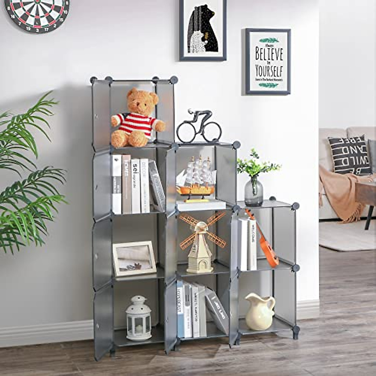 ANWBROAD Cube Storage Organizer, 9-Cube Modular DIY Book Shelf with Doors, Closet Clothes Organizer, Plastic Storage Cubbies Cabinet for Living Room Bedroom Office Gray ULCS09HM