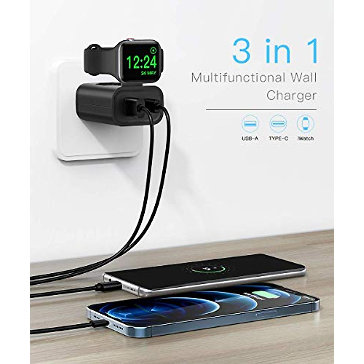 BeaSaf iPhone Fast Charger, 24W USB C Charger for iPhone 13/12/Mini/12 Pro Max, USB C Wall Charger with Foldable Apple Watch Wireless Charger, PD Charger for iPhone, AirPods