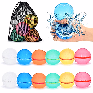 98K Reusable Water Balloons 12Pcs with Mesh Bag, Self Sealing Silicone Ball Latex-Free, No Clean Hassle, Easy to Fill, Summer Toys Water Toy Swimming Pool Beach Park Yard Outdoor Games Party Supplies