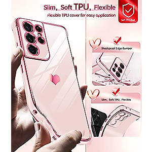 LeYi for S21 Ultra Case: with Full Camera Protection, Love Heart Plating Girly Women Cute Luxury Soft TPU Case for Samsung S21 Ultra, Pink