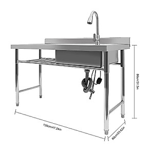 Commercial Stainless Steel Sink, 1 Compartment Kitchen Sinks, Utility Sink with Large Drain Bowl and Faucet, Standing Utility Sink for Garage, Restaurant, Kitchen 47.2"x23.6"x31.5"