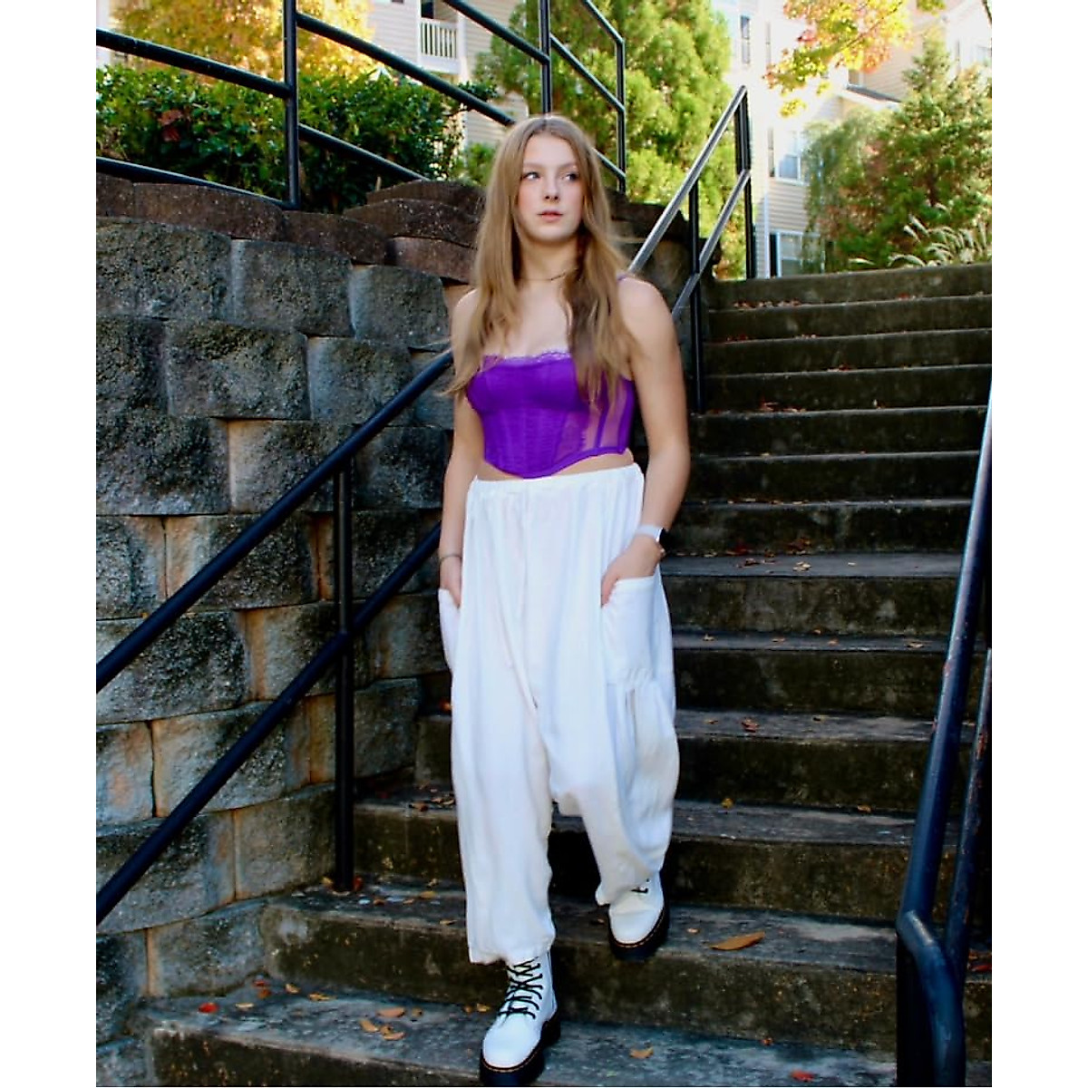 TARSE Womens Linen Wide Leg Pants Casual Loose Drawstring Low Waist Beach Palazzo Harem Pants with Pockets(White,XL)