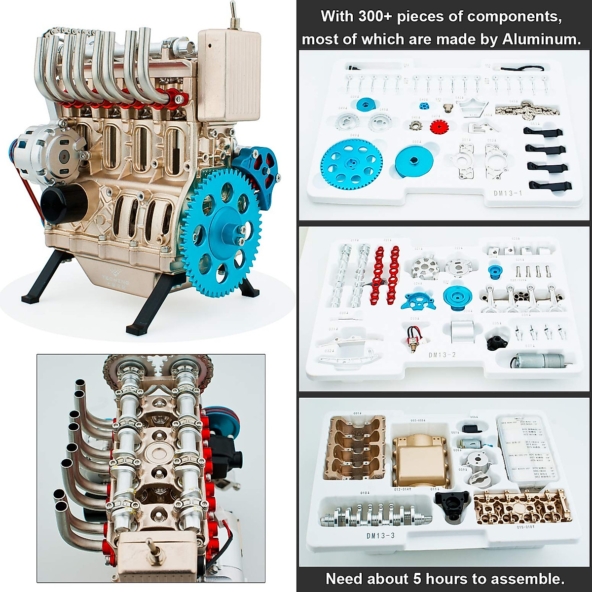 DjuiinoStar Vehicle Engine Model Assembly Kit (300+ Pieces Components, 5 Hours Assembly Time), Four-Stroke Straight-Four Gas Engine Working Model, 4 Cylinder Engine Kit DM13-1