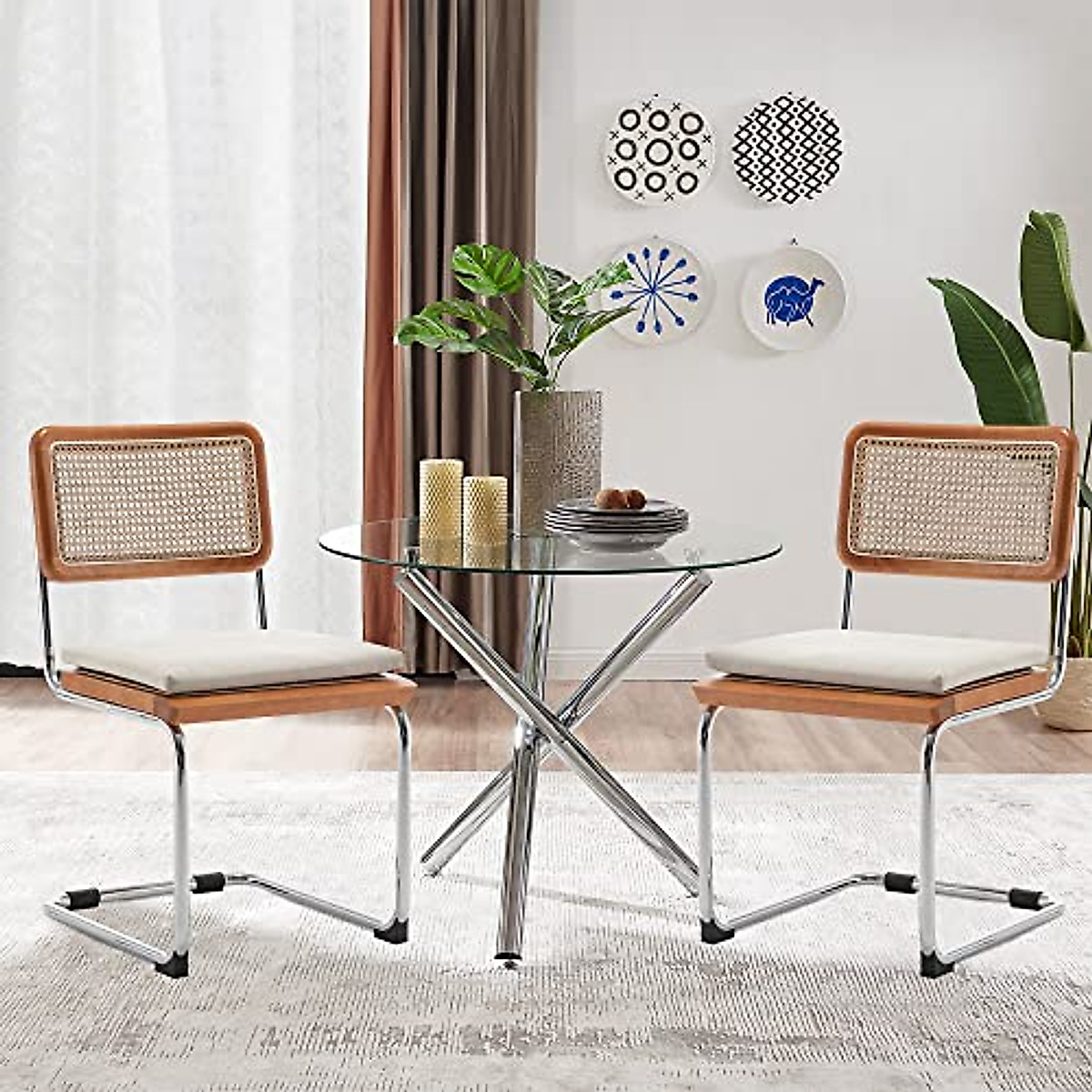 SHINEBOOM Rattan Dining Chairs Set of 2 Mid Century Modern Dining Room Chairs,Brown Rattan seat