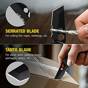 Mini Keychain Knife with Carabiner - 2" Tanto Serrated Blade - Black Multitool with Bottle Opener - Box Cutter - Liner Lock - Legal Small Pocket Knife for Men - EDC Foldings Knives for Gifts 2248