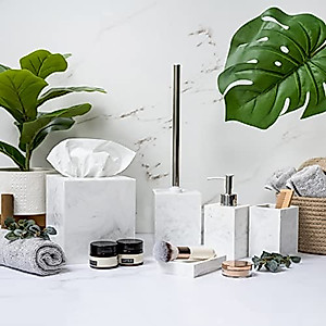 Kurrajong Farmhouse 5 Piece Bathroom Accessories Set | Faux Marble Bathroom Accessory Set | Faux Marble White Bathroom Set | Tissue Box, Toilet Brush, Soap Dish, Soap Dispenser, Toothbrush Holder